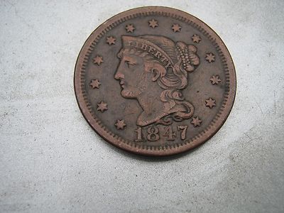 1847 LARGE CENT * Braided Hair Liberty Head copper Penny US coin 170 ...