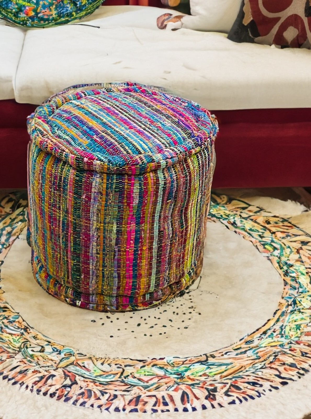 Boho Rainbow Pouffe Made from Recycled Rag Rugs and Cotton Seat or Foot ...