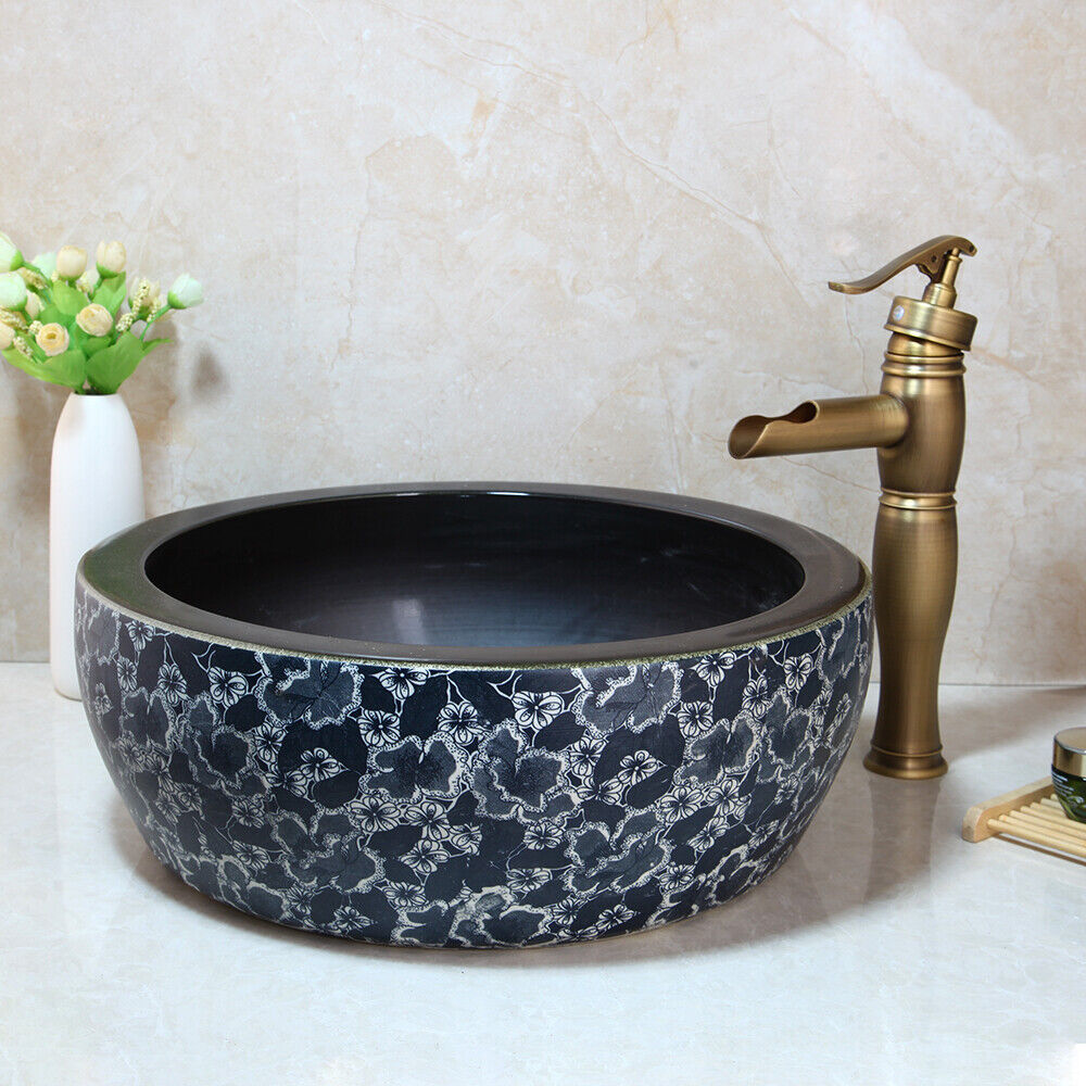 Black Round Ceramic Wash Basin Bowl Sink Antique Brass Mixer Faucet Tap ...