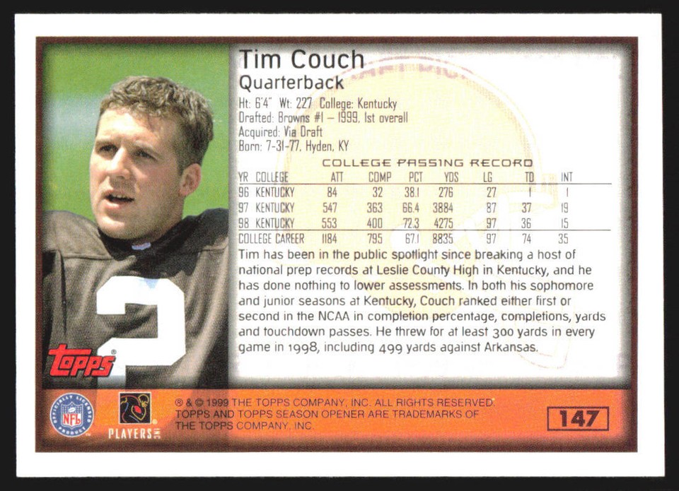 1999 Topps Tim Couch #147 RC Cleveland Browns 1Z | eBay