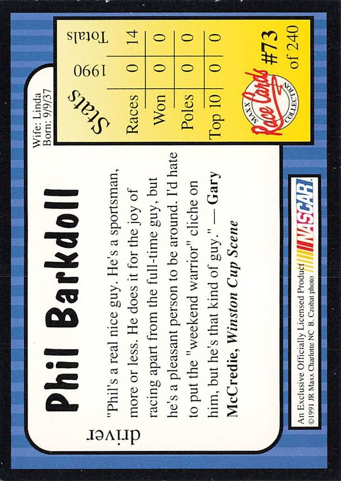 1991 Maxx NASCAR Racing Trading Card #73 Phil Barkdoll | eBay