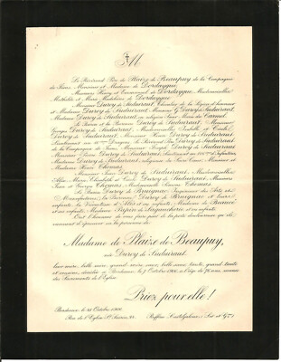 Bordeaux 1906 .Faire-part de Décès Mme de Plaize de Beaupuy née Duroy ...
