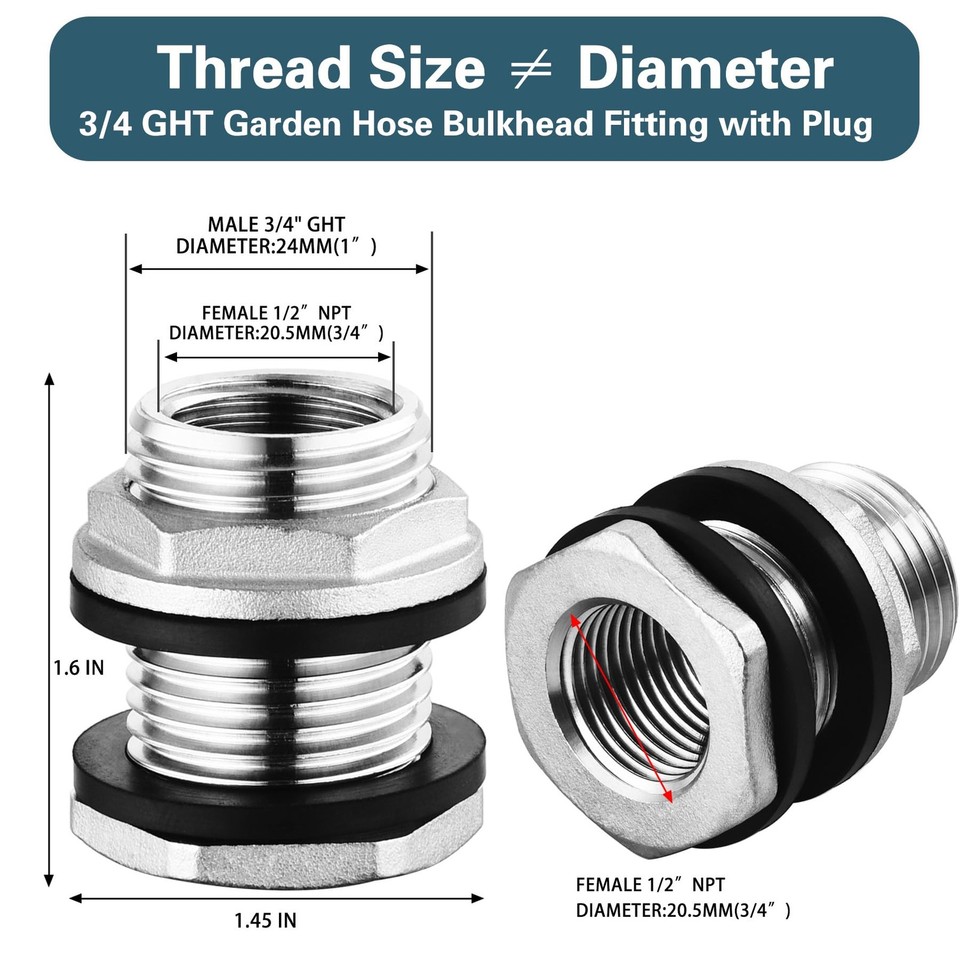 Stainless Steel 304 Tank Bulkhead Fitting With 2 Rubber RingDouble 1/2 ...