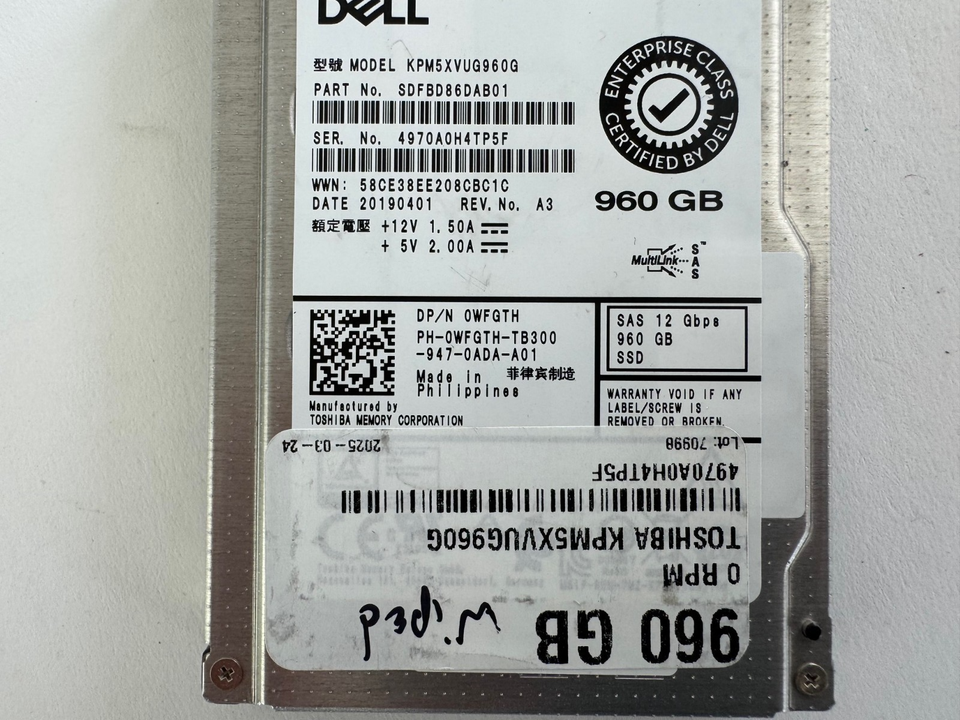 Dell 960GB SAS 2.5" 12Gbps MLC MU SSD Drive KPM5XVUG960G (DP/N 0WFGTH ...