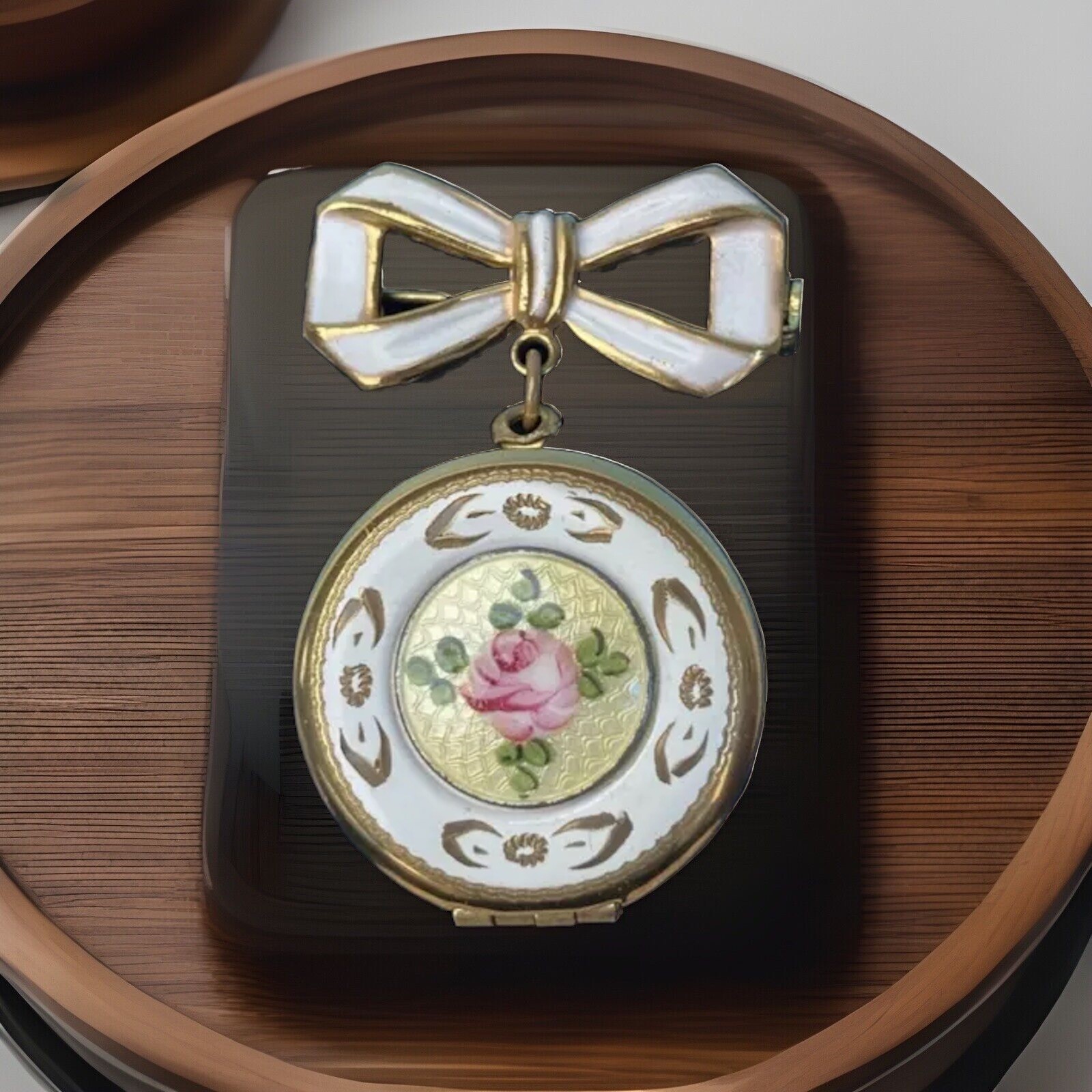 Vintage Retro Era Gold Bow with Round Guilloche Pink Rose Locket Pin ...