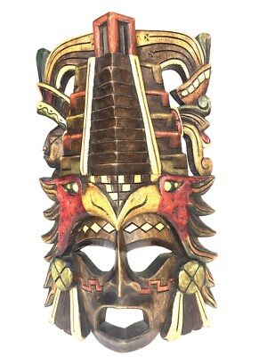 Mayan Aztec Wooden Mask – Hand‑Carved, Hand‑Painted Pyramid Folk Art ...
