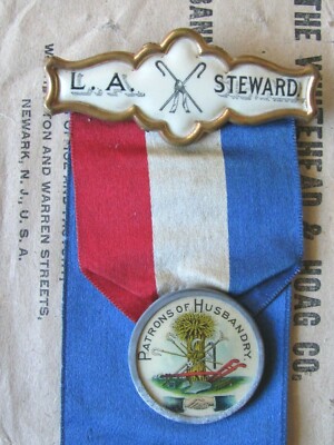 1900'S LODGE STEWARD RIBBON MEDAL PATRONS HUSBANDRY PEORIA CO IL ORANGE ...