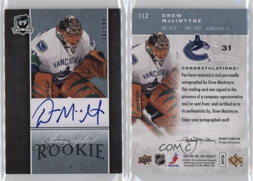 2007-08 Upper Deck The Cup Auto Rookie 116/199 Drew MacIntyre #112 Auto ...