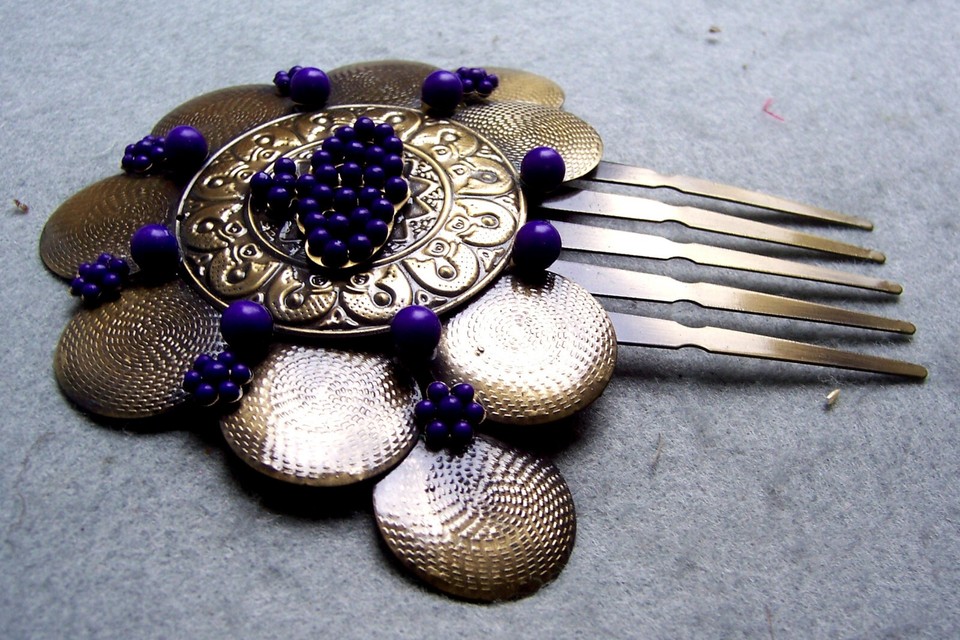 Hair comb peineta Spanish mantilla style hair accessory purple ceramic ...
