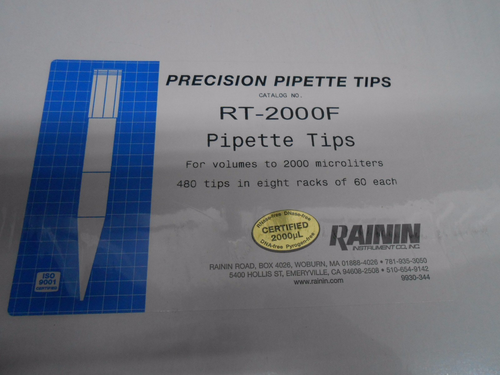 8 RACKS OF 60 RAININ RT-2000F 2000µL PRESTERILIZED FILTERED PIPETTE ...
