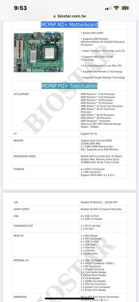 Biostar MCP6P-M2+ Socket AM2 AMD DDR2 Serial 95W WIN7 XP Micro ATX ...