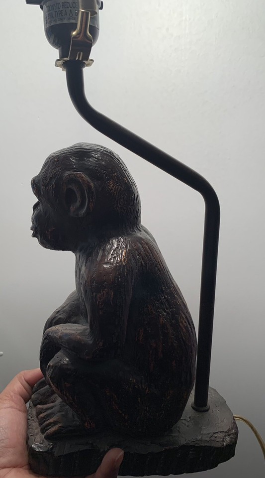 Vintage Coastal Plaster Seated Monkey Table Lamp 16" Tall with feather ...