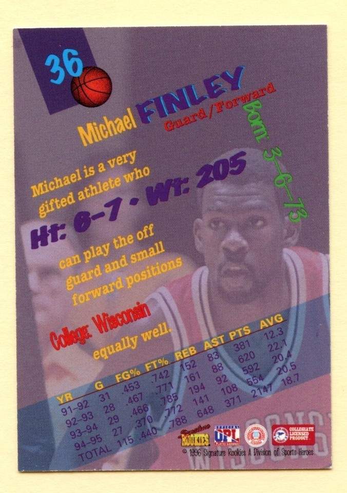 1996 Signature Rookies Premier Michael Finley card #36 Wisconsin ...