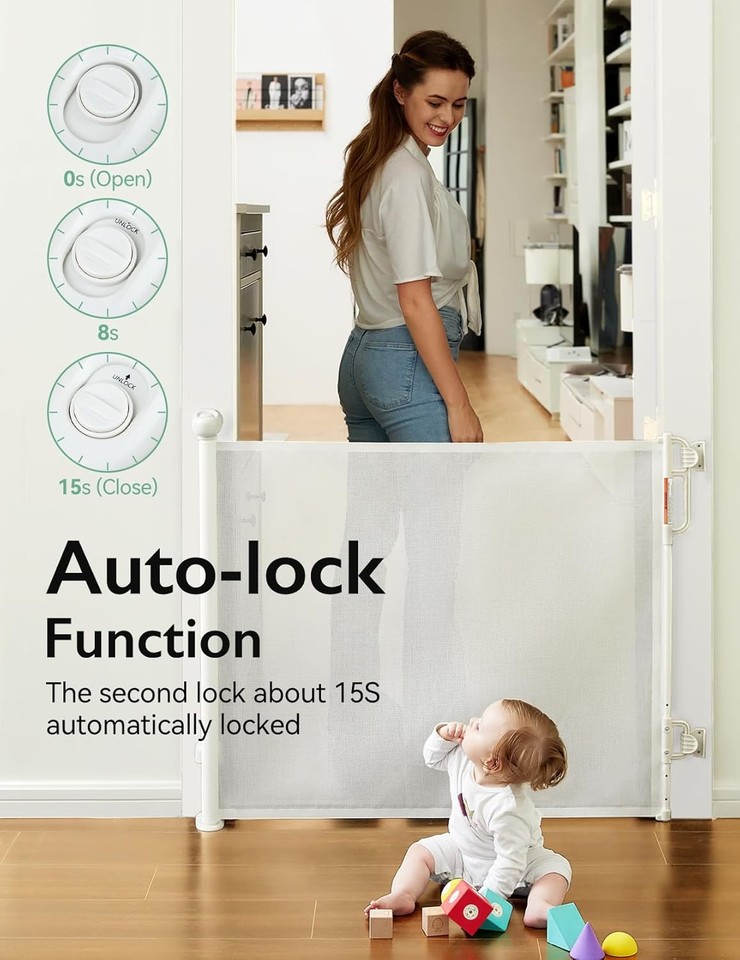 Momcozy Auto-lock Retractable Stair Gate,Safety Baby Gate Roll for ...