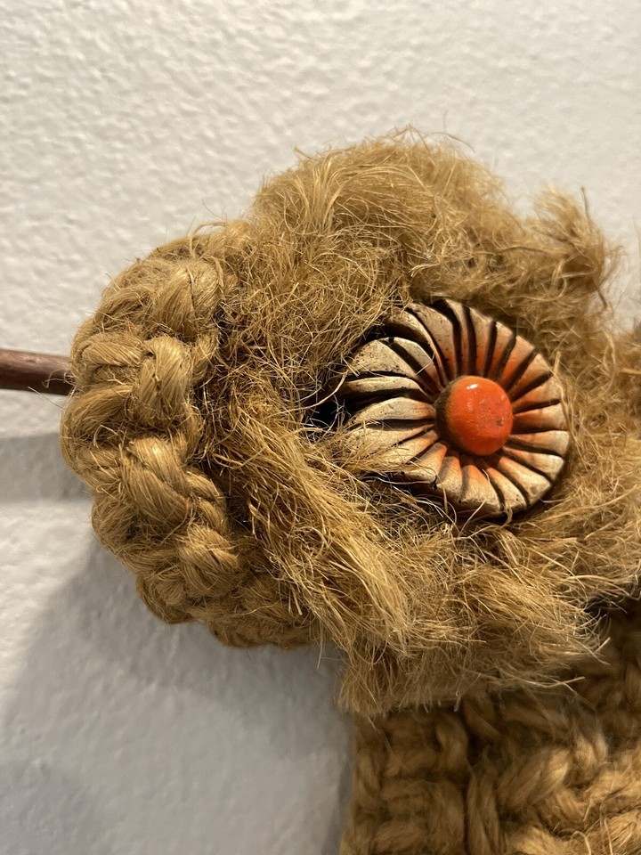 Vintage 70s Big Wood Carved Eyes Jute Macrame Owl Wall Hanging Boho MCM ...