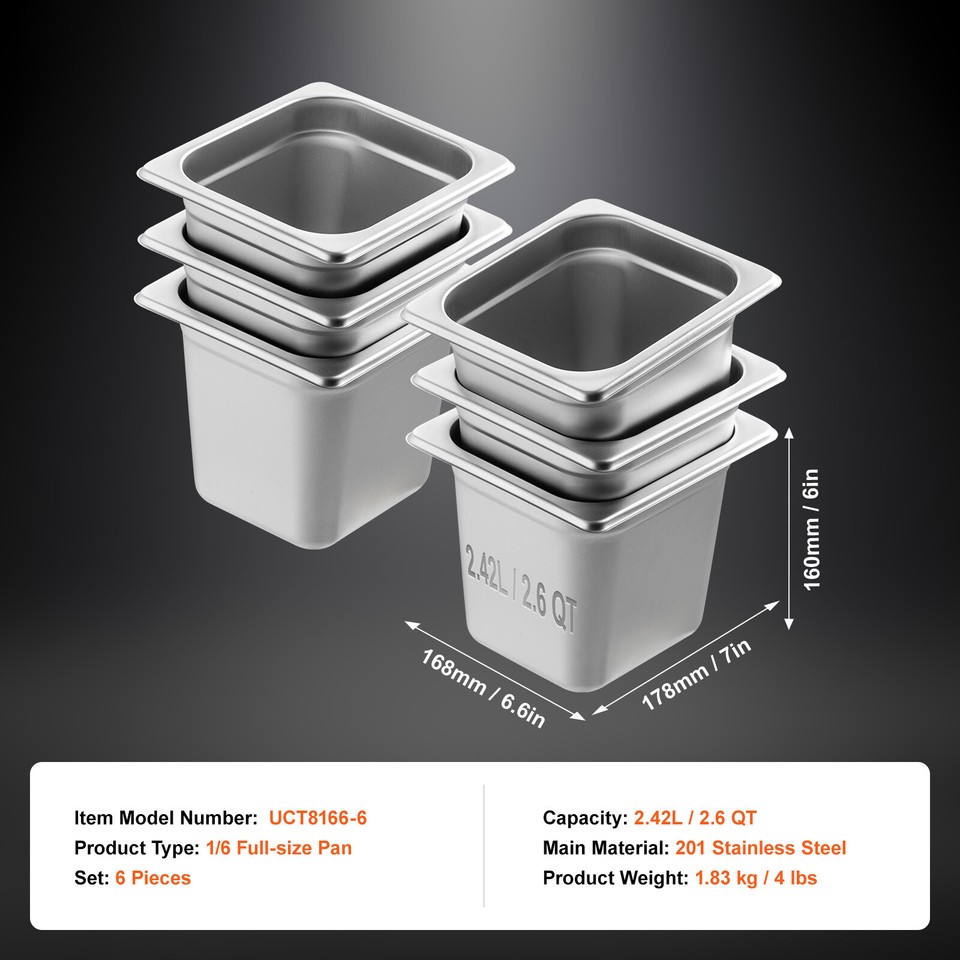 6 Pack 6" Deep Hotel Prep Pans Steam Table Pan 1/6 Size Stainless Steel ...