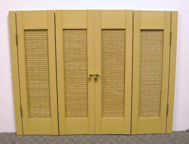 Vtg Adjustable Width Window Shutters Wood w/ Bamboo Rattan Burlap Woven ...