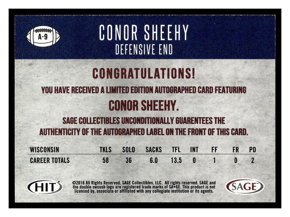 Conor Sheehy 2018 SAGE HIT AUTO AU Autographs Red Auto | eBay