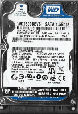 Western Digital WD2500BEVS-08VAT2 250GB Sata Hard Drive DCM: HANTJABB ...