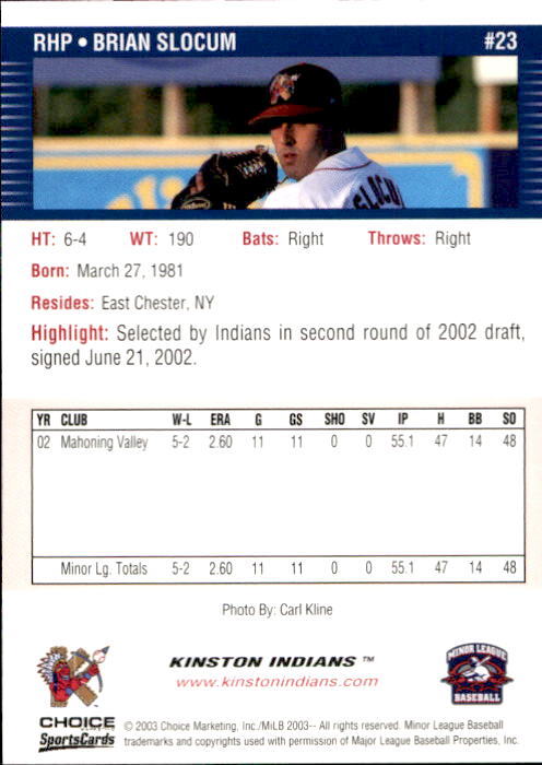 2003 Kinston Indians Choice #23 Brian Slocum Eastchester New York ...