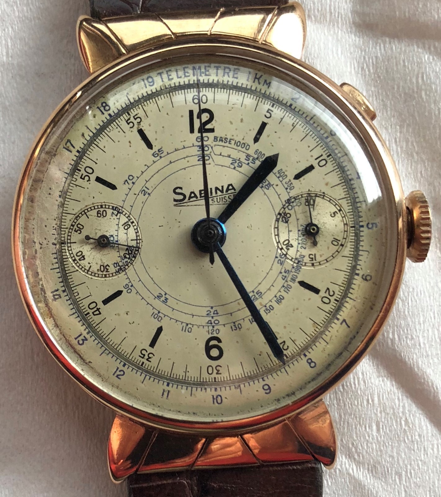 Sabina Chronograph mens wristwatch gold plated case fancy lugs cal ...