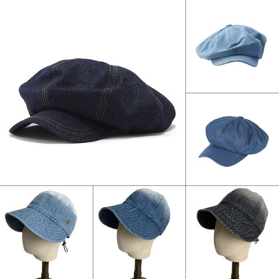 Women Cowboy Denim Octagonal Wide Brim Beret Cap Peak Cap Newsboy ...
