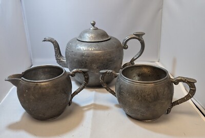 Vintage 3 pc Kut Hing Pewter Tea Set Swatow China Early 1900's Dragon ...