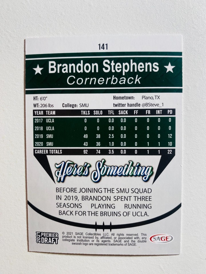 2021 SAGE #1414 BRANDON STEPHENS ROOKIE NM-MT NFL FOOTBALL CARD | eBay