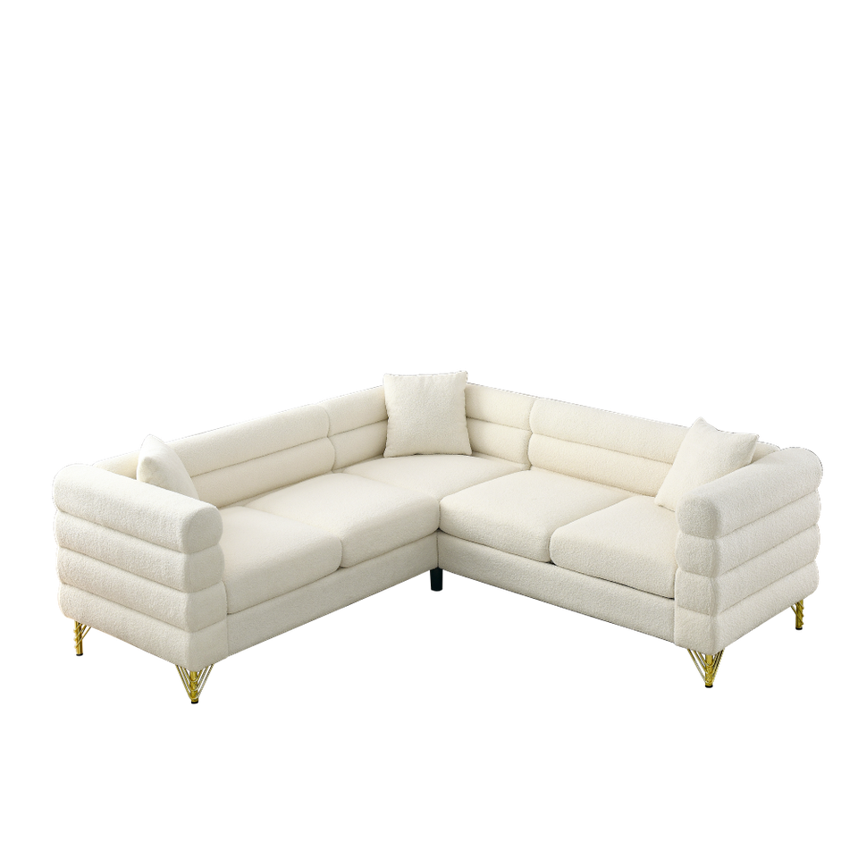 White L-Shaped Velvet Sectional Sofa, 5-Seater Corner Couch with 3 ...
