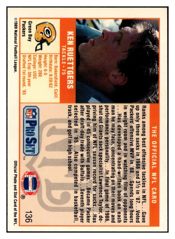 Ken Ruettgers 1989 Pro Set #136 Green Bay Packers Football Card *309 | eBay