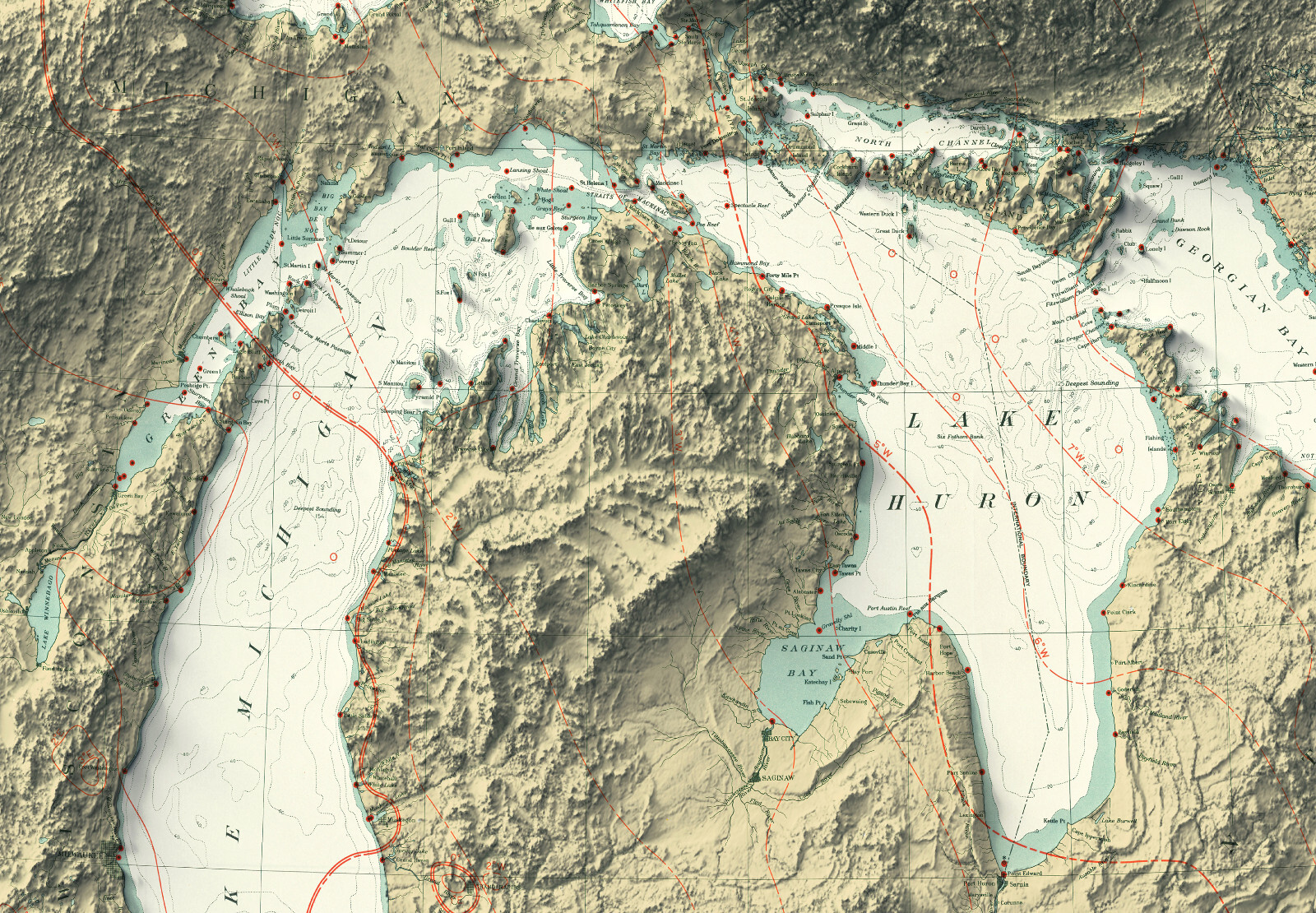 Great Lakes Map, Great Lakes US & Canada Vintage 2D Relief Map - 2D ...