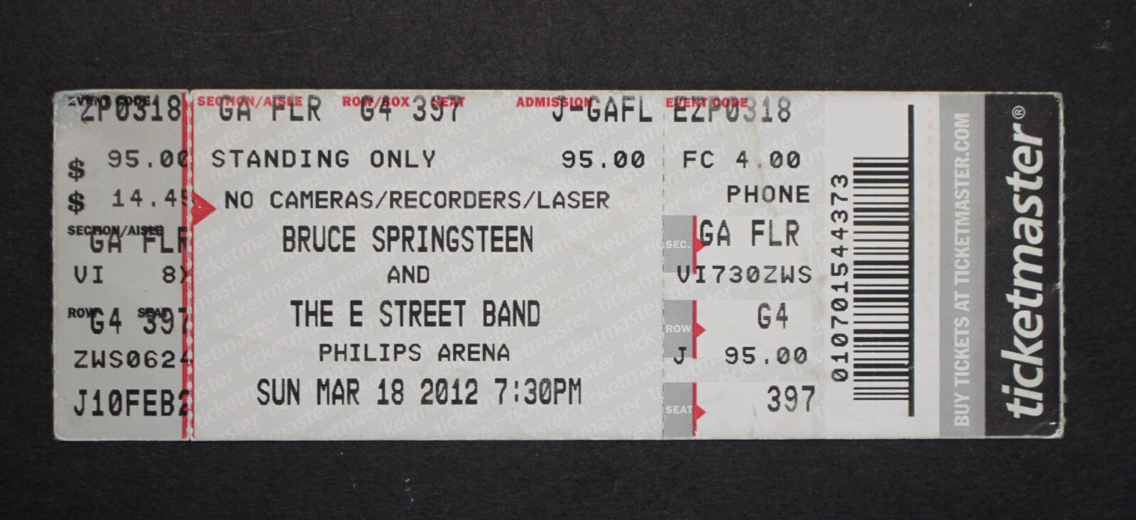 BRUCE SPRINGSTEEN Ticket Stub - Mar 18, 2012 - Philips Arena - Atlanta ...