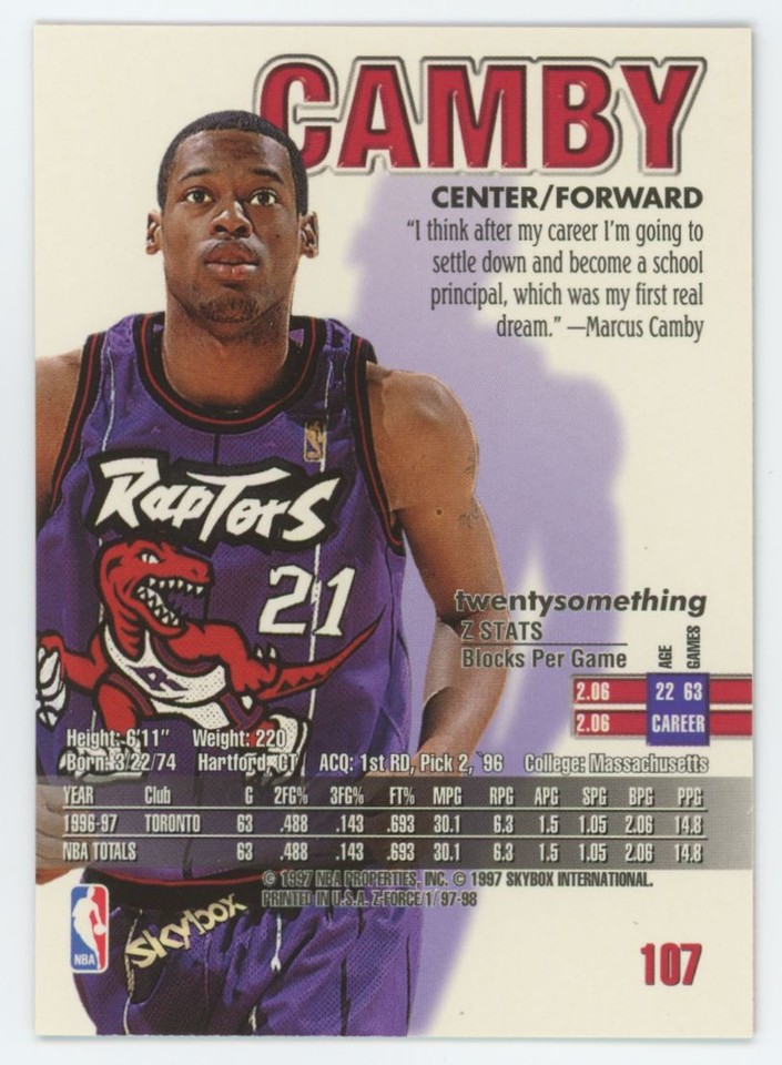 1997-98 SkyBox Z-Force Marcus Camby Toronto Raptors #107 | eBay
