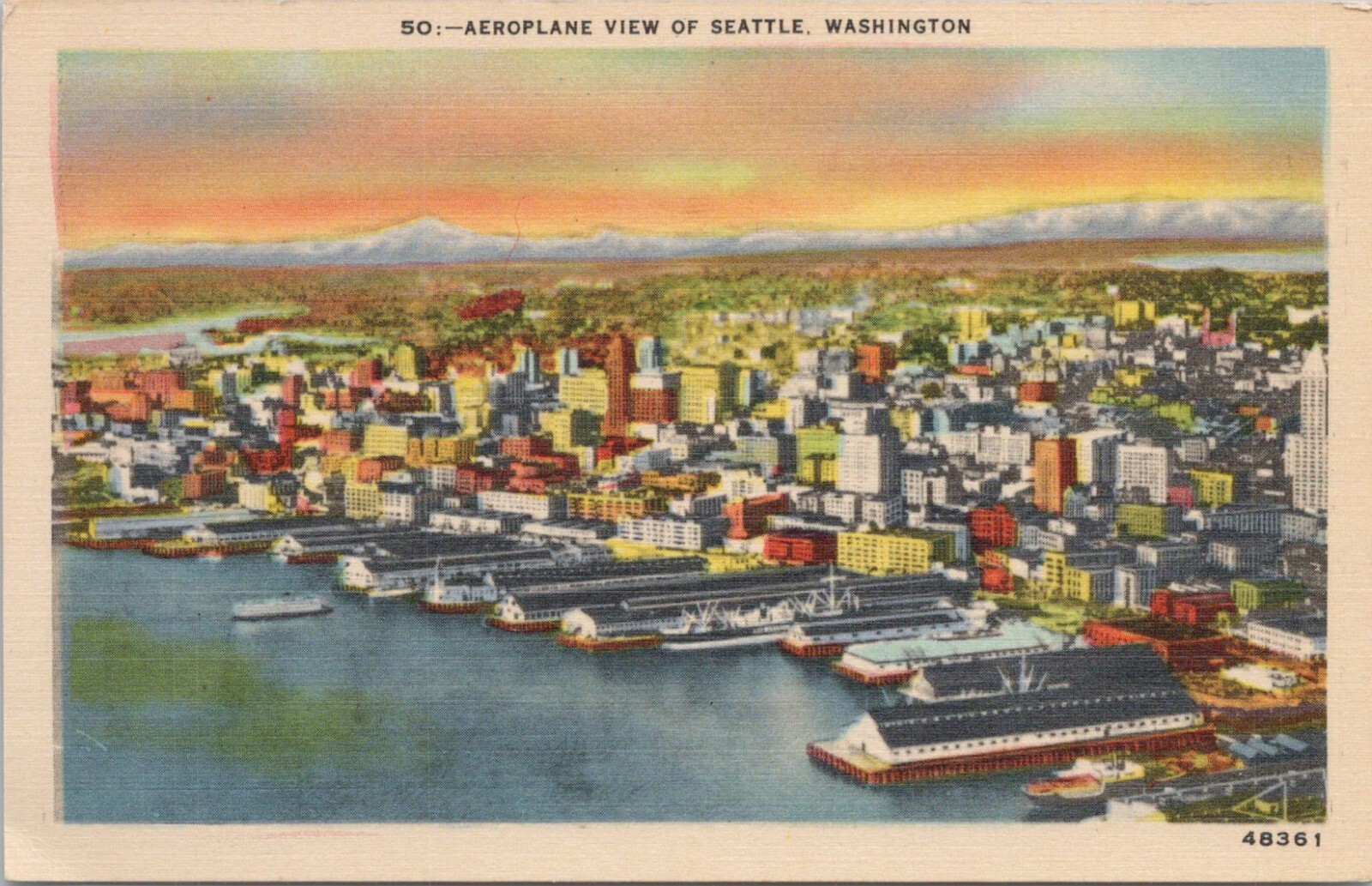 Linen PC * Seattle WA Airplane View of Downtown and Docks 1940s | eBay