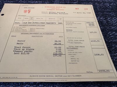 Vtg 1948 Chevrolet New Auto Dealer Sales Receipt Car Dealership Invoice ...