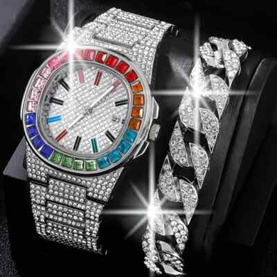 HIP HOP MULTI COLOR SIMULATED DIAMOND BLING SILVER WATCH & ICED CUBAN ...