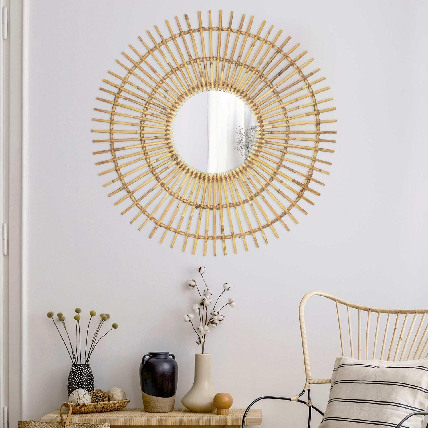 Large Boho Sunburst Round Wall Mirror Handmade Radial Rattan Frame ...