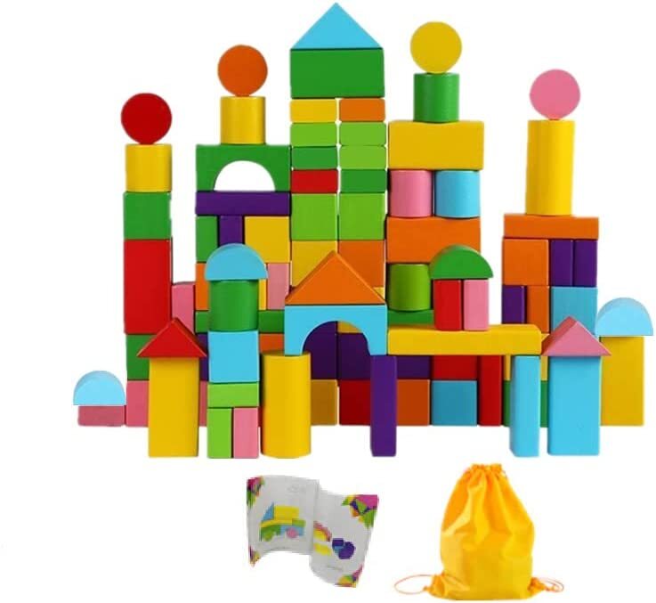 100pc Childrens Wooden Building Blocks Kids Construction Toy Bricks Set ...
