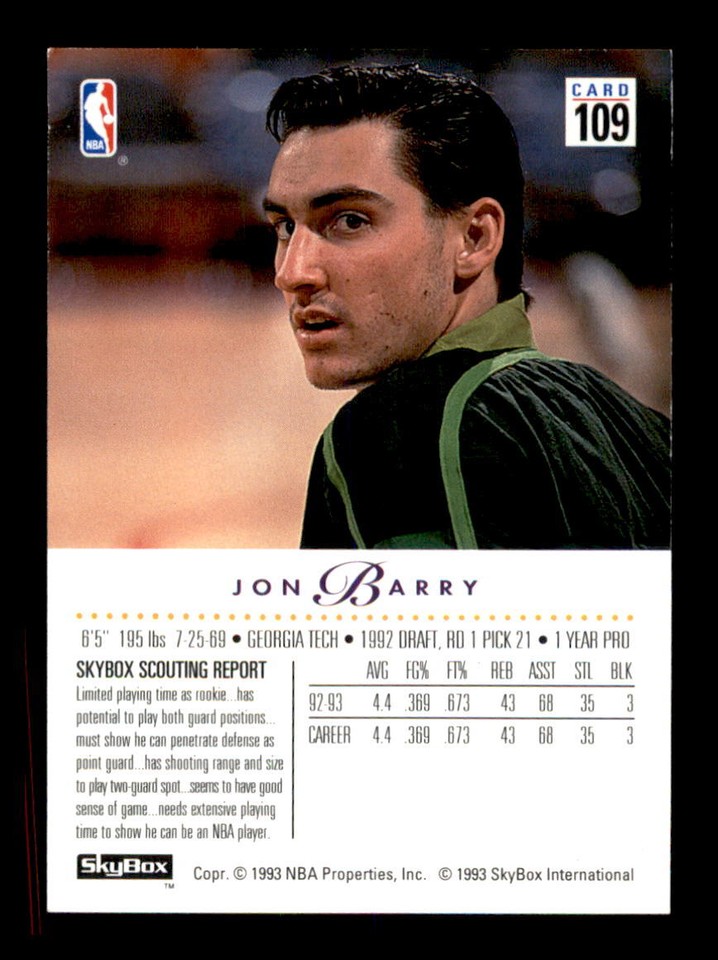 1993 Basketball Skybox Jon Barry Milwaukee Bucks #109 2 | eBay