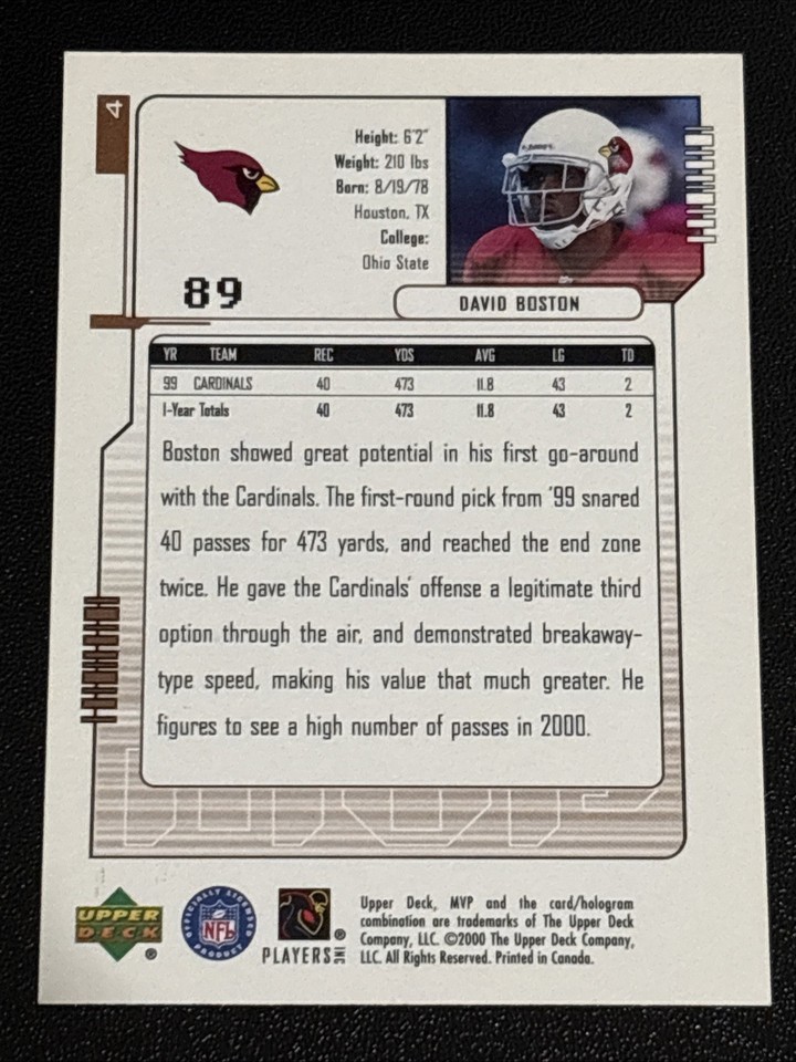 Football 2000 Upper Deck MVP David Boston Arizona Cardinals Wide ...
