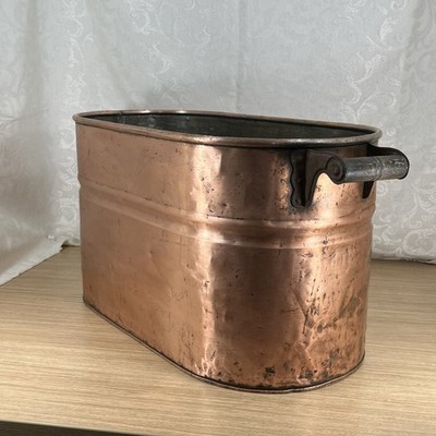 Farmhouse Copper Boiler Wash Tub Pot Basin Antique Wood Handles Vintage ...