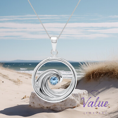 .925 SS Cape Cod : Evening Tide Wave and Blue Topaz Necklace Sealife ...