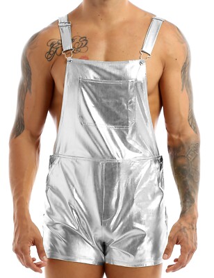 Mens Metallic Overall Suspenders Shiny Rave DJ Club Festival One Piece ...