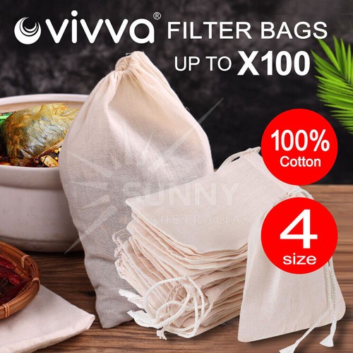 UP 100x Muslin Filter Bags Reusable 100% Cotton Spices Herbs Tea Soup ...