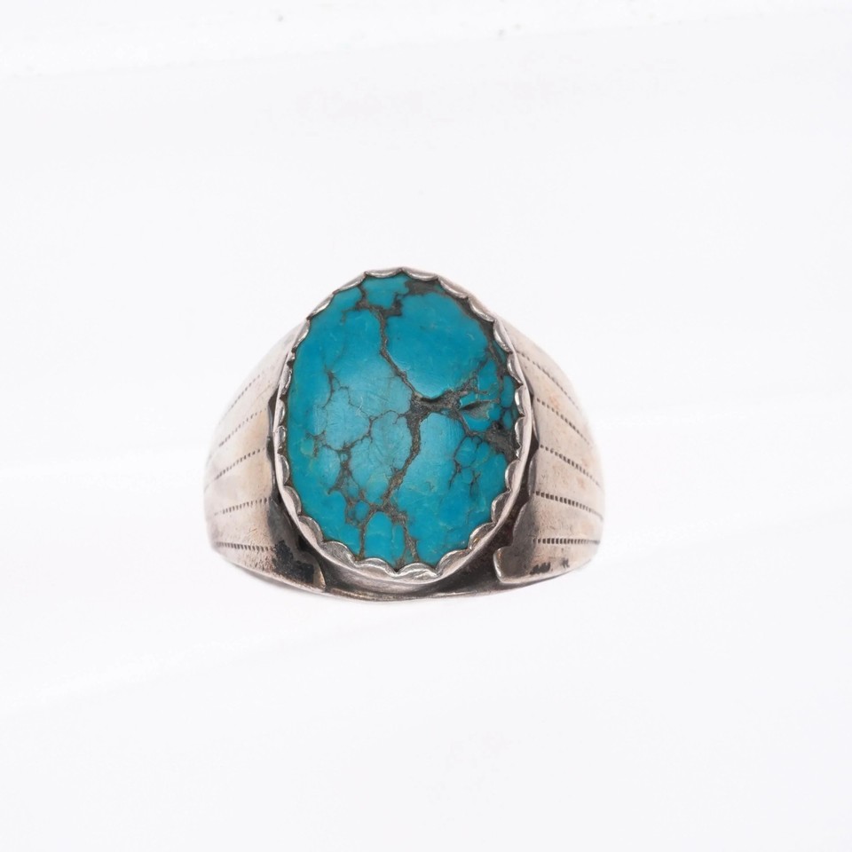 sz11.5 Vintage DL Navajo sterling silver spiderweb turquoise men's ring ...