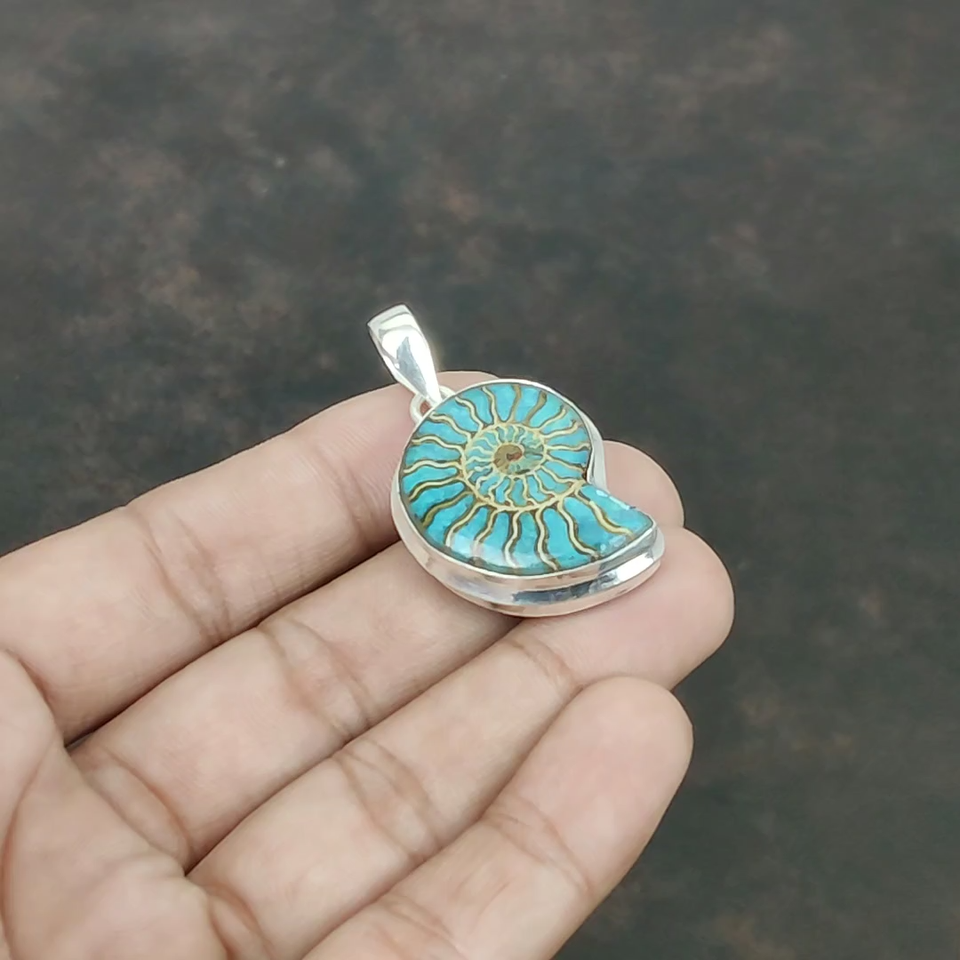 Blue Turquoise In Ammonite Fossil Pendant 925 Sterling Silver Gemstone ...