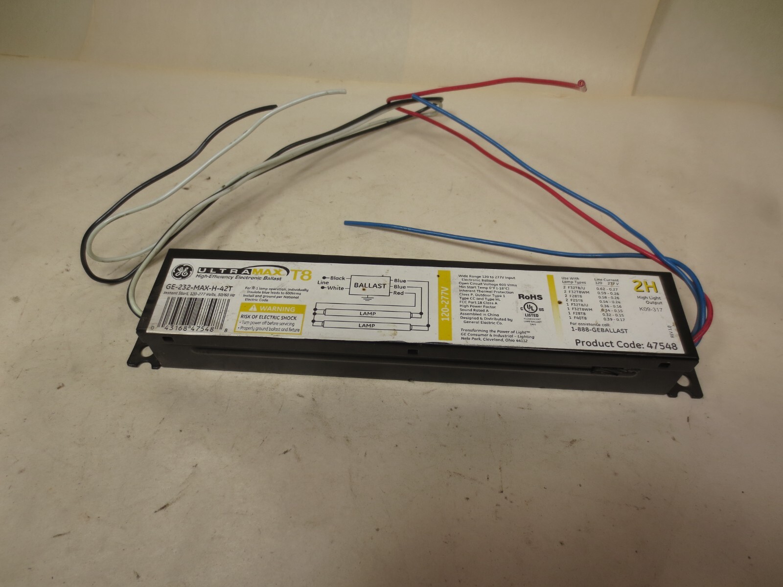 GE UltraMax T8 High-Efficiency Electronic Ballast GE-232-MAX-H-42T 120 ...