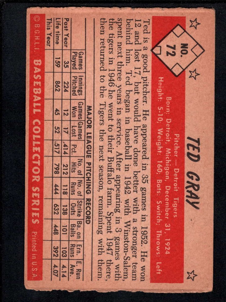 1953 Bowman Color #72 Ted Gray Tigers VG Very Good | eBay