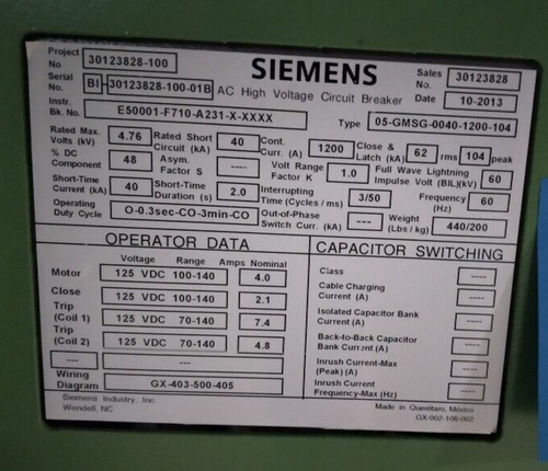 SIEMENS 05-GMSG -0040-1200-104 1200AMP 5KV GMSG AC HIGH VOLTAGE CIRCUIT ...