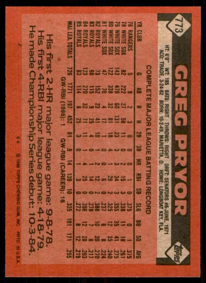 1986 Topps Baseball Card Greg Pryor Kansas City Royals #773 | eBay